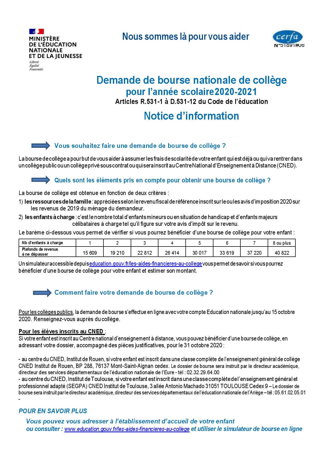 Bourses nationales -Collège Cousteau